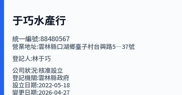 于巧水產行的照片-統編 88480567(雲林縣) 公司登記資料與營業項目詳細圖表