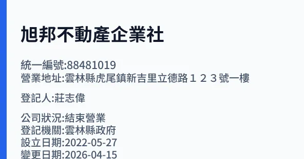旭邦不動產企業社的照片-統編 88481019(雲林縣) 公司登記資料與營業項目詳細圖表
