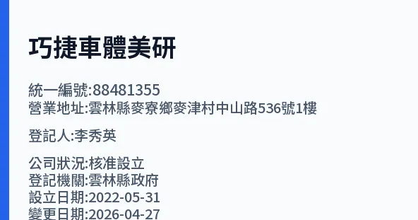 巧捷車體美研的照片-統編 88481355(雲林縣) 公司登記資料與營業項目詳細圖表