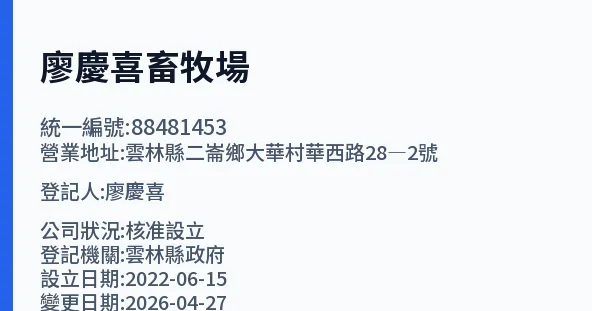 廖慶喜畜牧場的照片-統編 88481453(雲林縣) 公司登記資料與營業項目詳細圖表