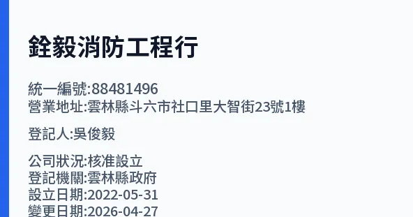 銓毅消防工程行的照片-統編 88481496(雲林縣) 公司登記資料與營業項目詳細圖表