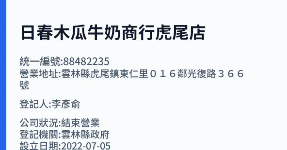 日春木瓜牛奶商行虎尾店的照片-統編 88482235(雲林縣) 公司登記資料與營業項目詳細圖表