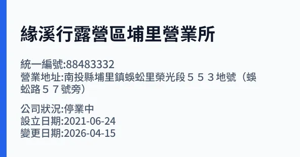 緣溪行露營區埔里營業所的照片-統編 88483332(南投縣) 公司登記資料與營業項目詳細圖表