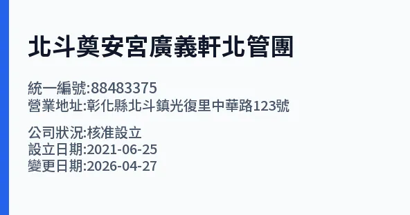 北斗奠安宮廣義軒北管團的照片-統編 88483375(彰化縣) 公司登記資料與營業項目詳細圖表