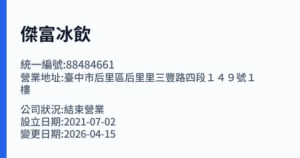 傑富冰飲的照片-統編 88484661(臺中市) 公司登記資料與營業項目詳細圖表