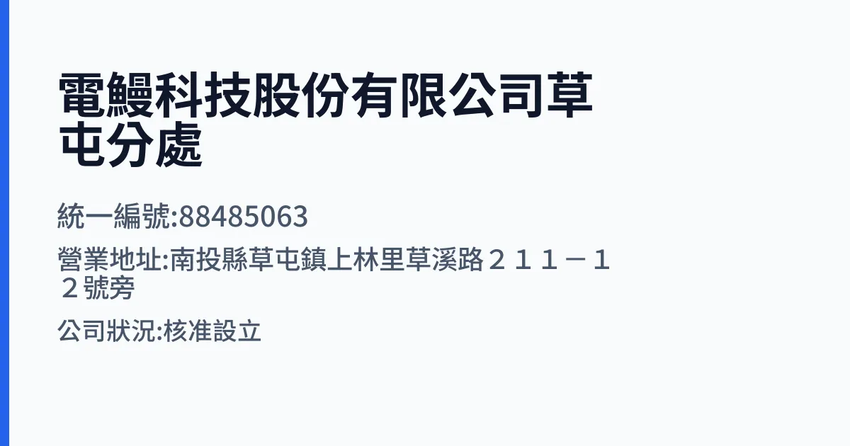 電鰻科技股份有限公司草屯分處 - 統編 88485063(南投縣) 公司登記資料與營業項目詳細圖表