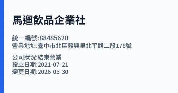 馬遛飲品企業社的照片-統編 88485628(臺中市) 公司登記資料與營業項目詳細圖表