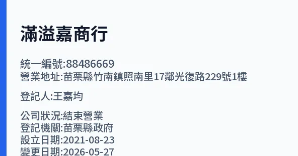 滿溢嘉商行的照片-統編 88486669(苗栗縣) 公司登記資料與營業項目詳細圖表