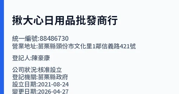 揪大心日用品批發商行的照片-統編 88486730(苗栗縣) 公司登記資料與營業項目詳細圖表