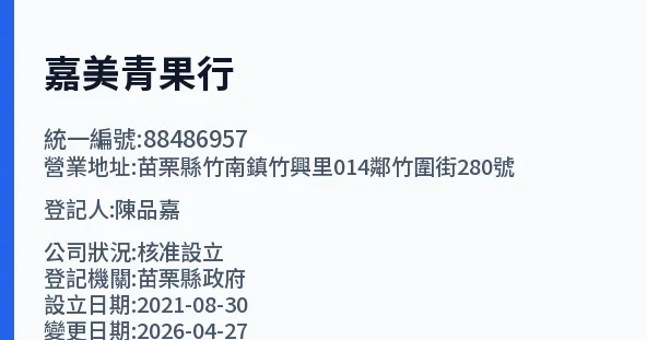 嘉美青果行的照片-統編 88486957(苗栗縣) 公司登記資料與營業項目詳細圖表