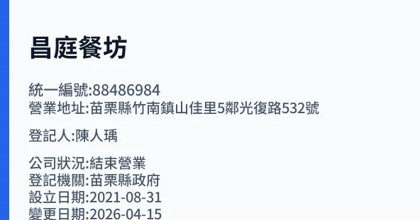 昌庭餐坊的照片-統編 88486984(苗栗縣) 公司登記資料與營業項目詳細圖表