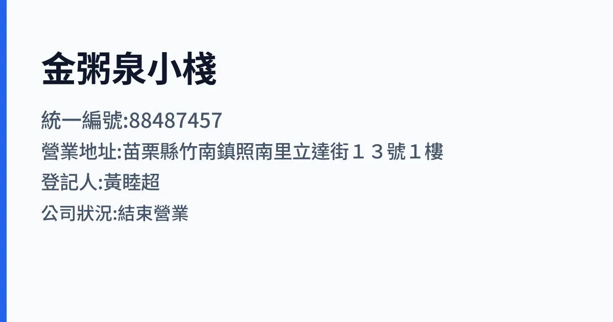 金粥泉小棧 - 統編 88487457(苗栗縣) 公司登記資料與營業項目詳細圖表