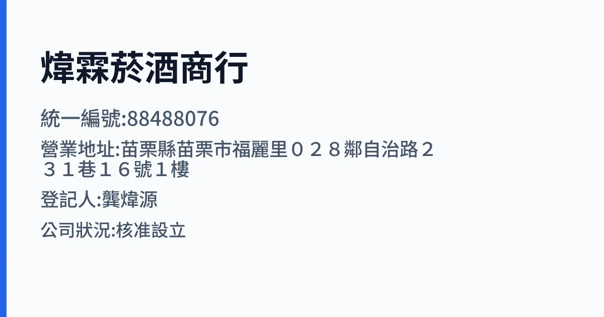 煒霖菸酒商行 - 統編 88488076(苗栗縣) 公司登記資料與營業項目詳細圖表