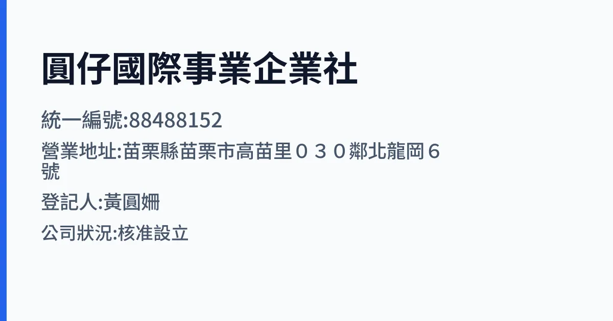 圓仔國際事業企業社 - 統編 88488152(苗栗縣) 公司登記資料與營業項目詳細圖表