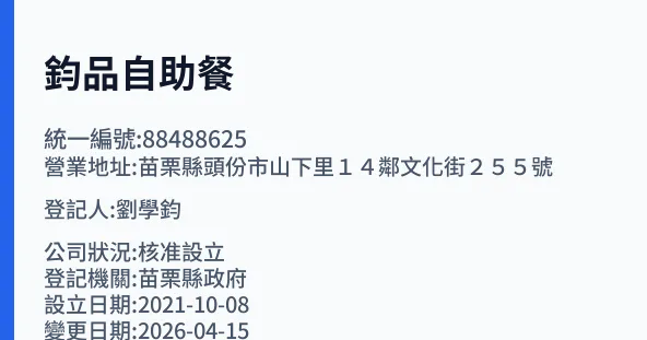 鈞品自助餐的照片-統編 88488625(苗栗縣) 公司登記資料與營業項目詳細圖表