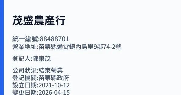 茂盛農產行的照片-統編 88488701(苗栗縣) 公司登記資料與營業項目詳細圖表