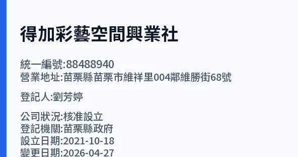 得加彩藝空間興業社的照片-統編 88488940(苗栗縣) 公司登記資料與營業項目詳細圖表