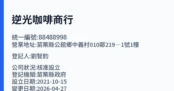 逆光咖啡商行的照片-統編 88488998(苗栗縣) 公司登記資料與營業項目詳細圖表