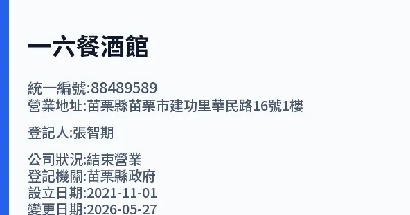 一六餐酒館的照片-統編 88489589(苗栗縣) 公司登記資料與營業項目詳細圖表