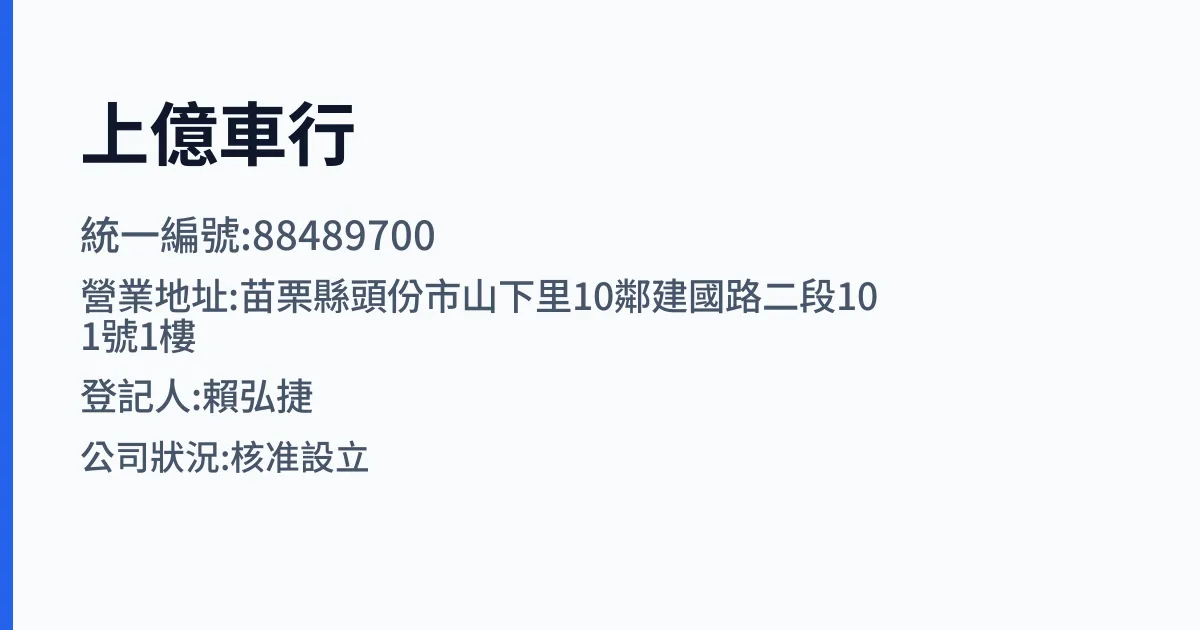 上億車行 - 統編 88489700(苗栗縣) 公司登記資料與營業項目詳細圖表