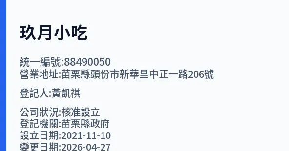 玖月小吃的照片-統編 88490050(苗栗縣) 公司登記資料與營業項目詳細圖表