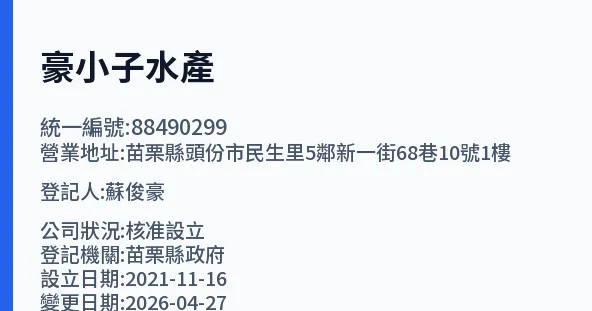 豪小子水產的照片-統編 88490299(苗栗縣) 公司登記資料與營業項目詳細圖表