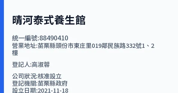 晴河泰式養生館的照片-統編 88490410(苗栗縣) 公司登記資料與營業項目詳細圖表