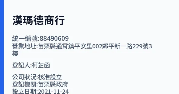 漢瑪德商行的照片-統編 88490609(苗栗縣) 公司登記資料與營業項目詳細圖表