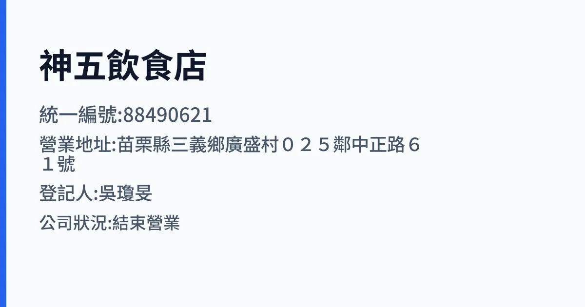 神五飲食店 - 統編 88490621(苗栗縣) 公司登記資料與營業項目詳細圖表