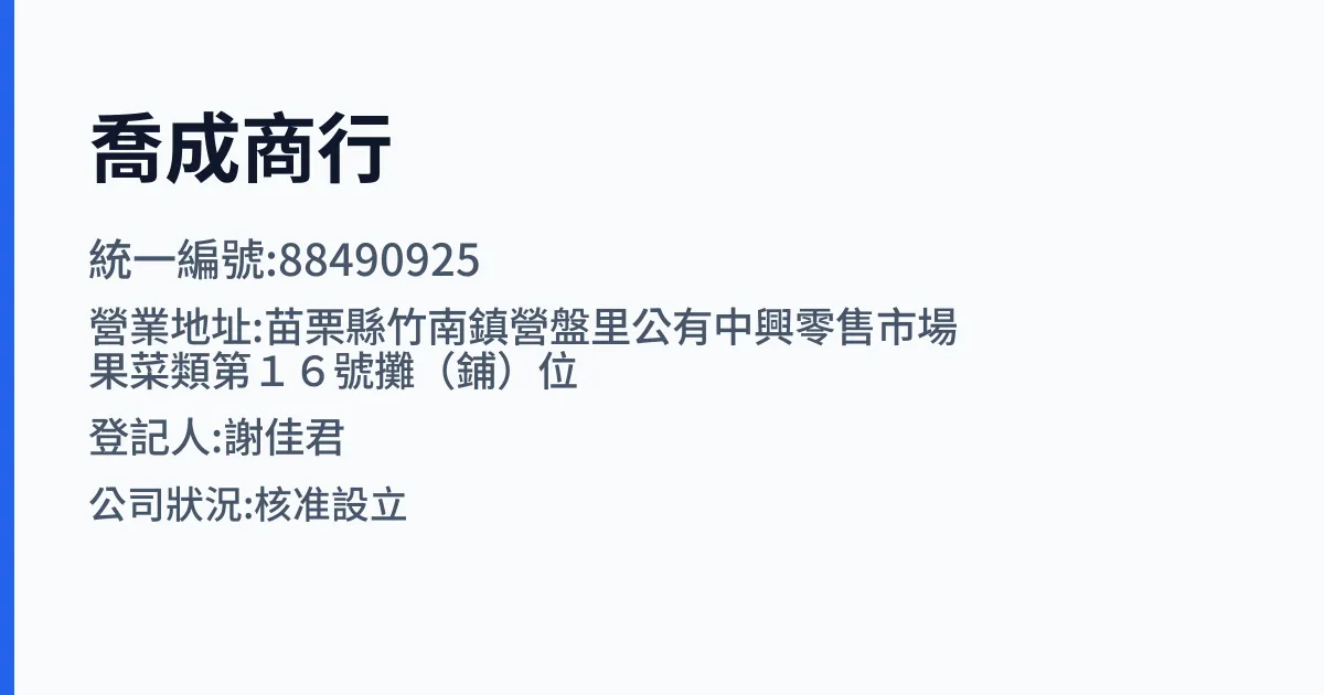 喬成商行 - 統編 88490925(苗栗縣) 公司登記資料與營業項目詳細圖表