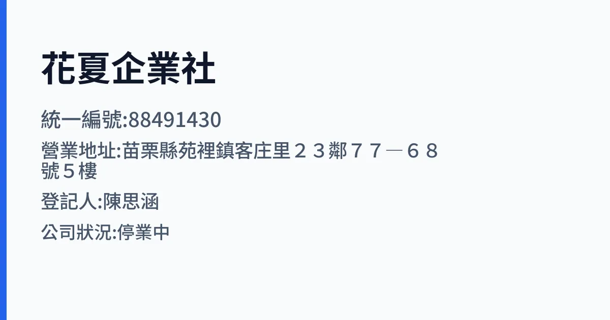 花夏企業社 - 統編 88491430(苗栗縣) 公司登記資料與營業項目詳細圖表