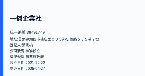 一傑企業社的照片-統編 88491749(苗栗縣) 公司登記資料與營業項目詳細圖表
