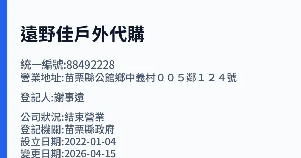 遠野佳戶外代購的照片-統編 88492228(苗栗縣) 公司登記資料與營業項目詳細圖表