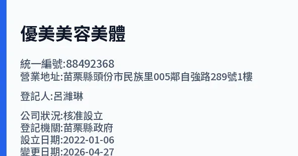優美美容美體的照片-統編 88492368(苗栗縣) 公司登記資料與營業項目詳細圖表