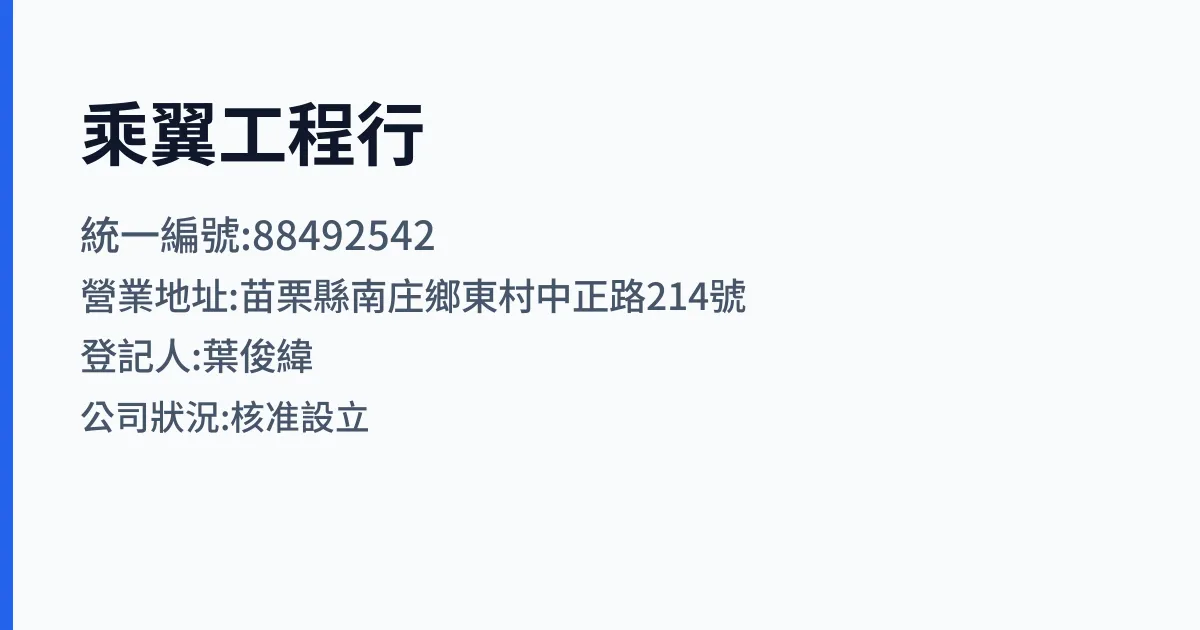 乘翼工程行 - 統編 88492542(苗栗縣) 公司登記資料與營業項目詳細圖表