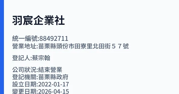 羽宸企業社的照片-統編 88492711(苗栗縣) 公司登記資料與營業項目詳細圖表