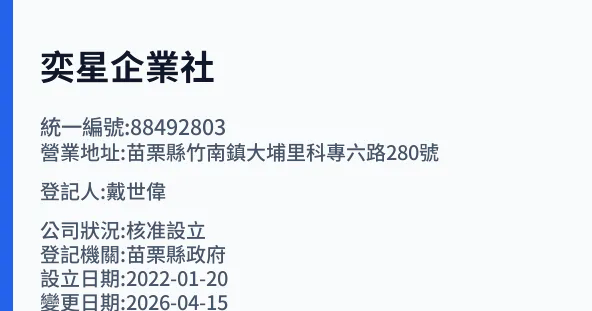 奕星企業社的照片-統編 88492803(苗栗縣) 公司登記資料與營業項目詳細圖表