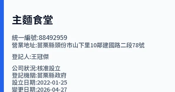 主麵食堂的照片-統編 88492959(苗栗縣) 公司登記資料與營業項目詳細圖表