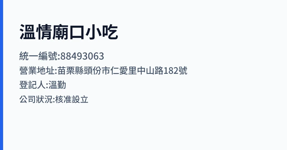溫情廟口小吃 - 統編 88493063(苗栗縣) 公司登記資料與營業項目詳細圖表