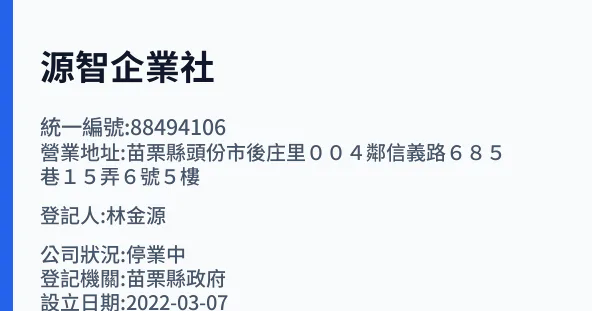 源智企業社的照片-統編 88494106(苗栗縣) 公司登記資料與營業項目詳細圖表