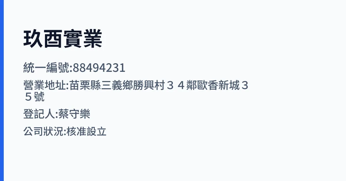 玖酉實業 - 統編 88494231(苗栗縣) 公司登記資料與營業項目詳細圖表