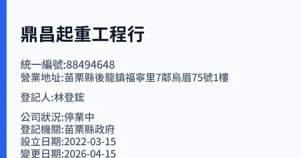 鼎昌起重工程行的照片-統編 88494648(苗栗縣) 公司登記資料與營業項目詳細圖表
