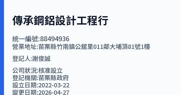 傳承鋼鋁設計工程行的照片-統編 88494936(苗栗縣) 公司登記資料與營業項目詳細圖表