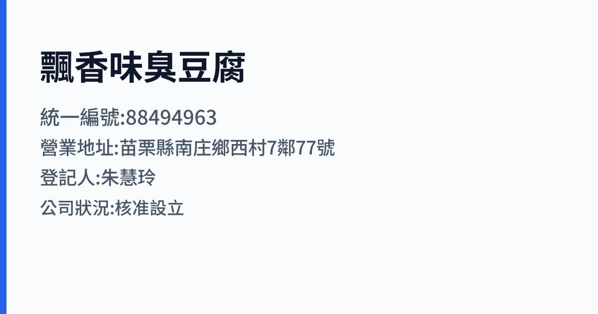 飄香味臭豆腐 - 統編 88494963(苗栗縣) 公司登記資料與營業項目詳細圖表