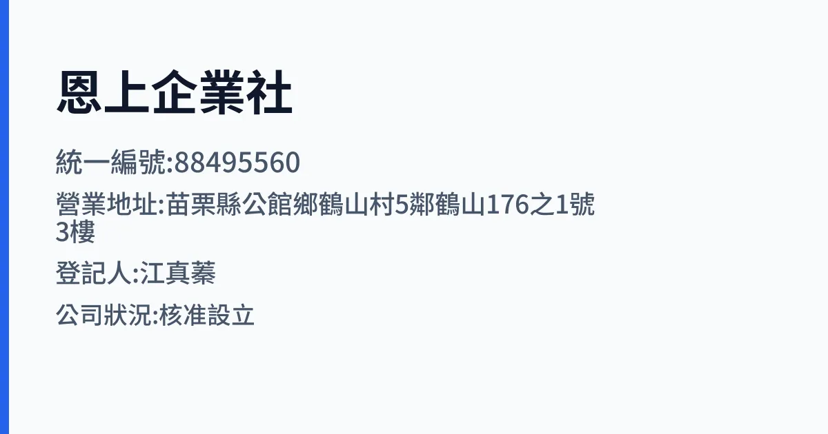 恩上企業社 - 統編 88495560(苗栗縣) 公司登記資料與營業項目詳細圖表