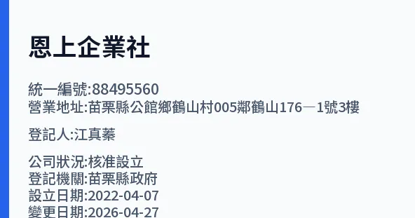 恩上企業社的照片-統編 88495560(苗栗縣) 公司登記資料與營業項目詳細圖表