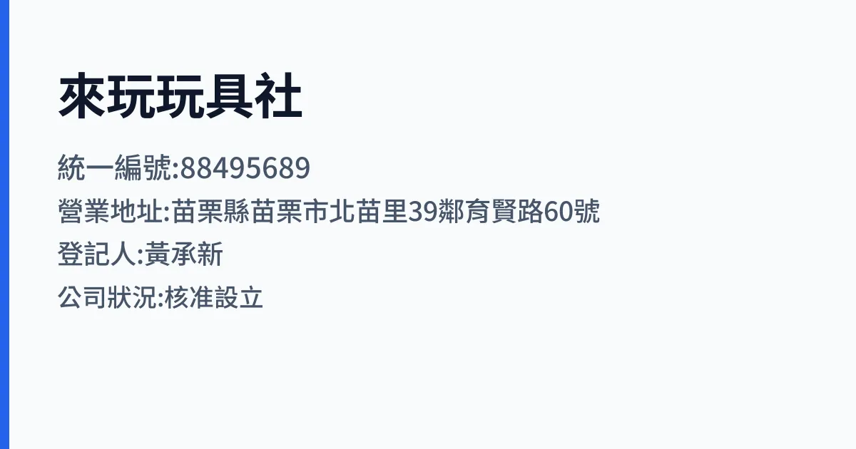 來玩玩具社 - 統編 88495689(苗栗縣) 公司登記資料與營業項目詳細圖表