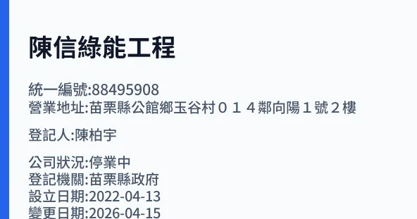 陳信綠能工程 - 統編 88495908(苗栗縣) 公司登記資料與營業項目詳細圖表