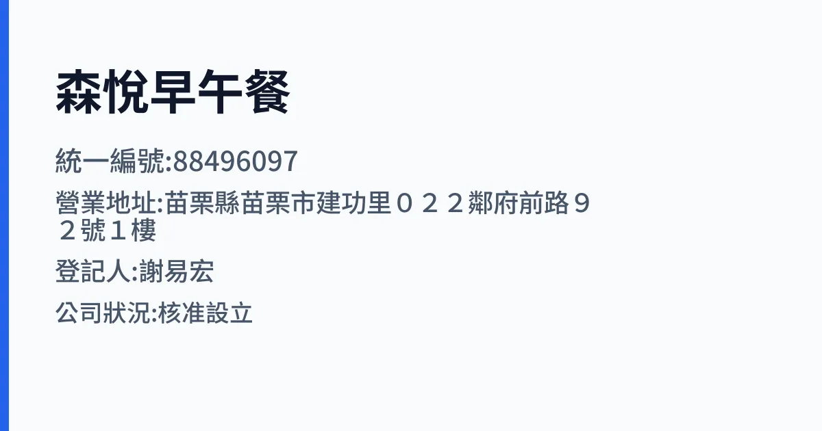 森悅早午餐 - 統編 88496097(苗栗縣) 公司登記資料與營業項目詳細圖表