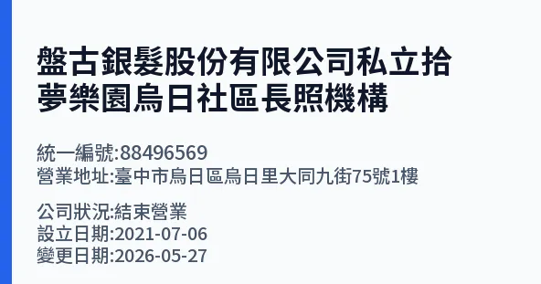 盤古銀髮股份有限公司私立拾夢樂園烏日社區長照機構的照片-統編 88496569(臺中市) 公司登記資料與營業項目詳細圖表